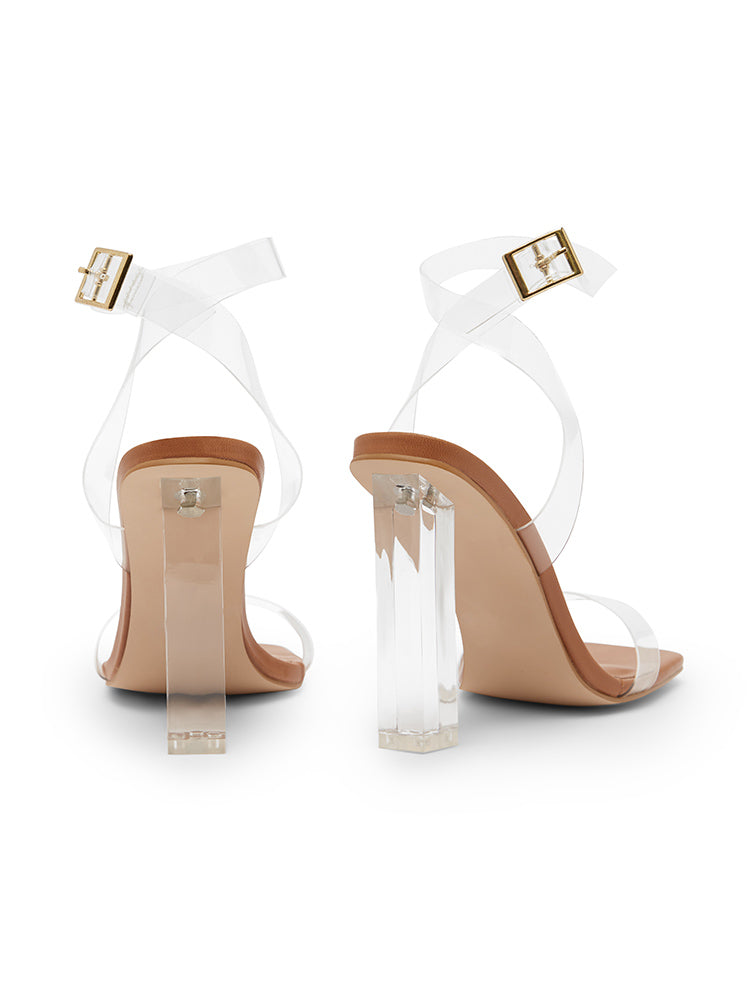 CALI Tan Clear Heels | Clear Block Heels – COVET SHOES